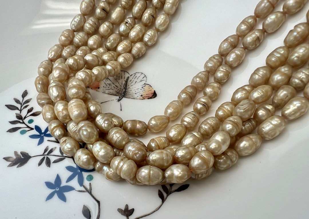 6x8 Mm Beige Champagne Color Faceted Rice/oval Freshwater Pearl Beads ...