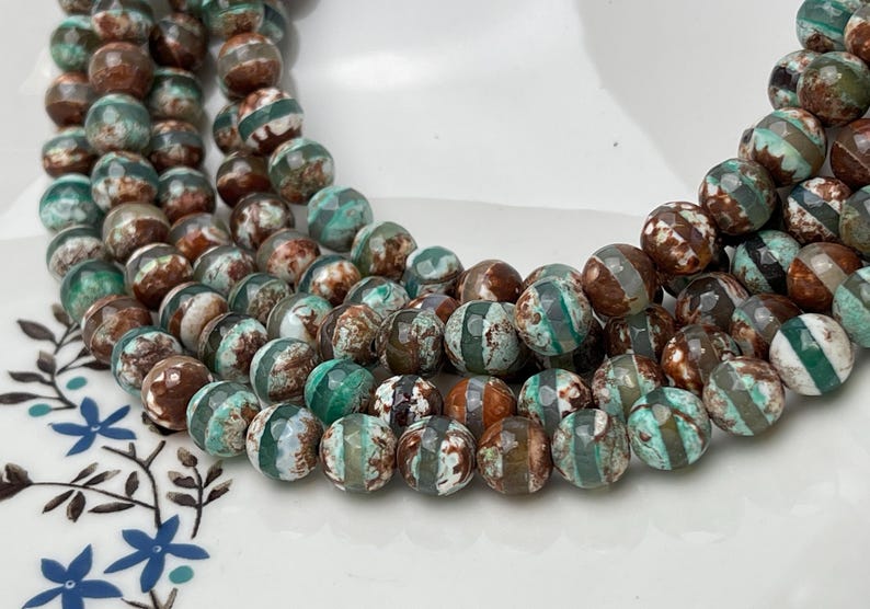 6 Mm 8 Mm 10 Mm DZI Tibetan Agate Faceted Round White Aqua Green and ...