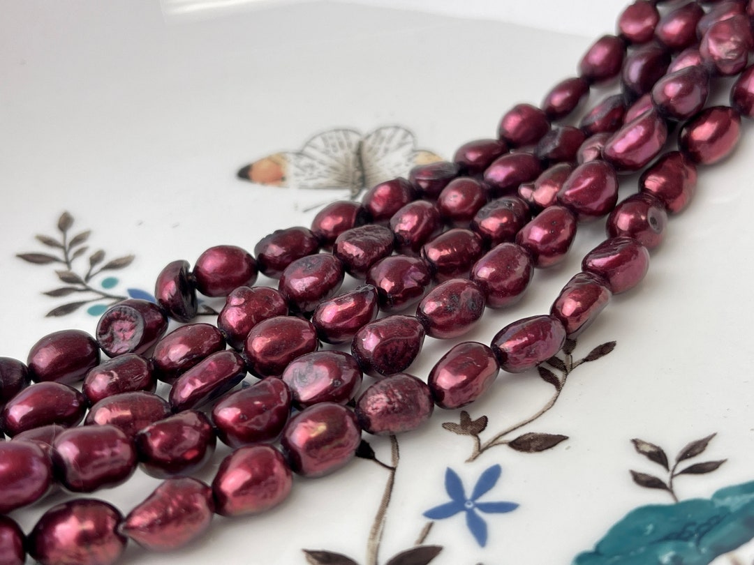6x8 Mm Burgundy Red Color Rice Nugget Freshwater Pearl Beads Genuine ...
