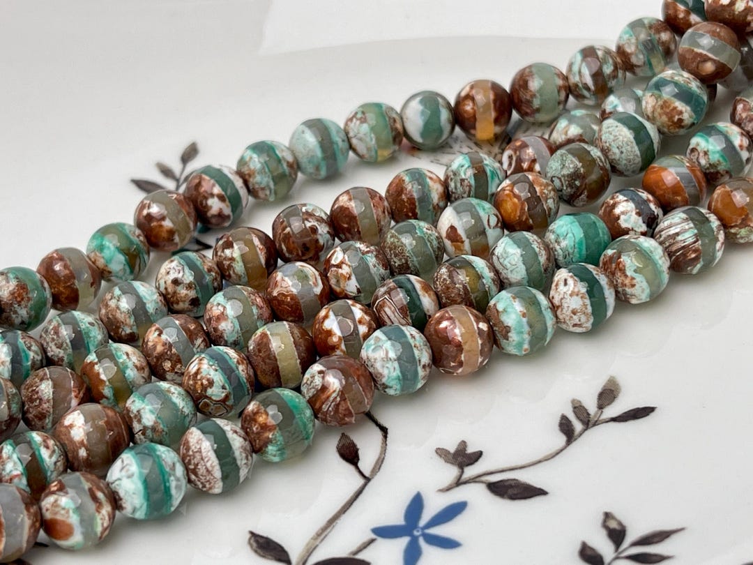 6 Mm 8 Mm 10 Mm DZI Tibetan Agate Faceted Round White Aqua Green and ...