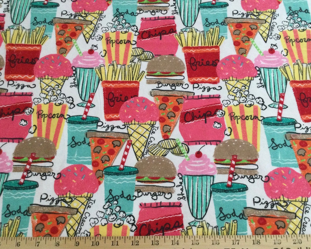 3 Yards/flannel/fast Food/junk Food on White Background Cotton Fabric ...