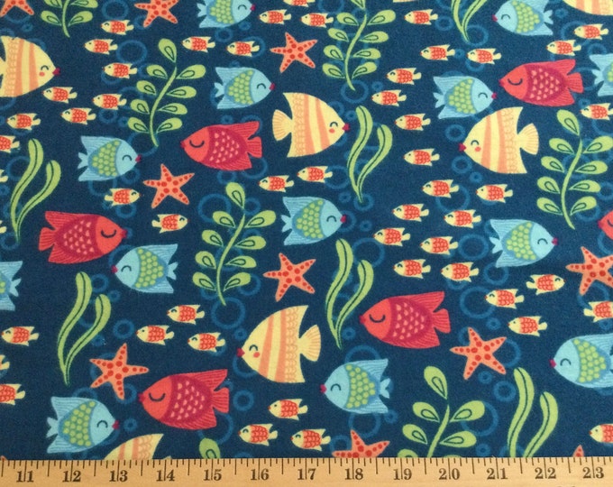 Flannel/colorful Fish on Blue Background Cotton Fabric - Etsy