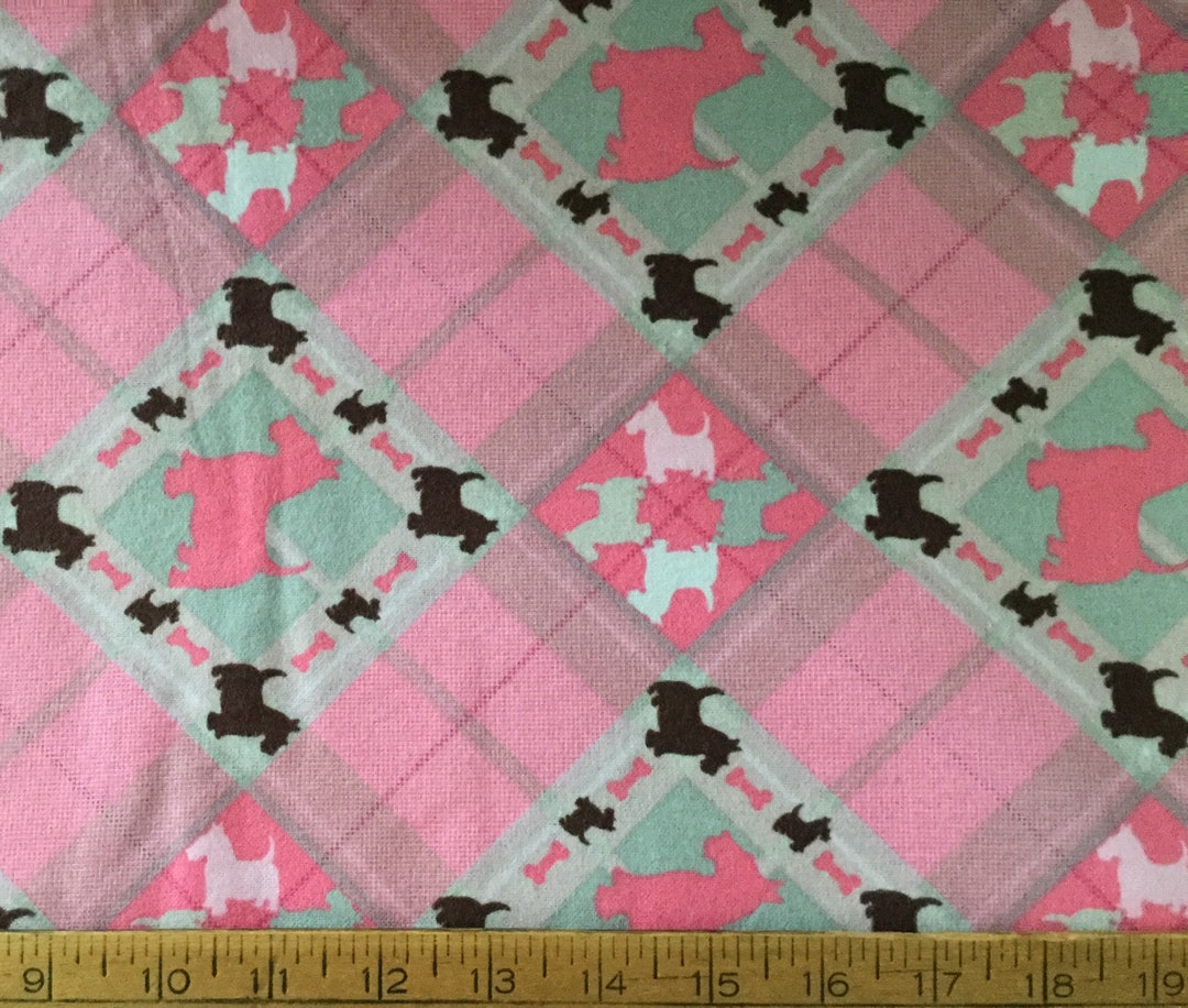 Flannel/scottie Dogs on Pink and Gray Diagonal Plaid Background Cotton ...