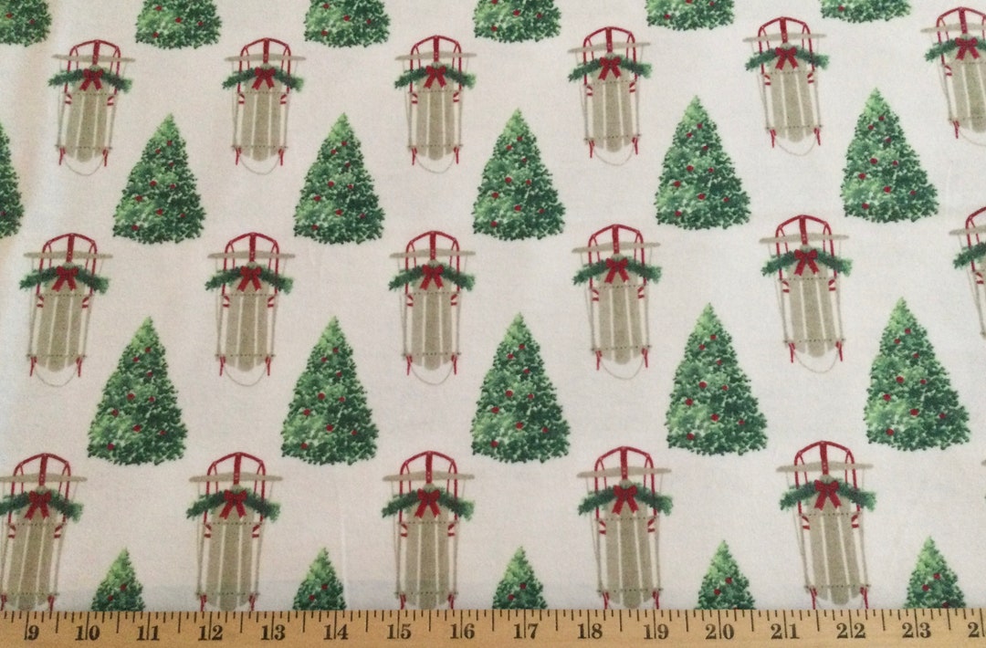3 Yards/flannel/christmas Trees and Sleds on White Background Cotton ...