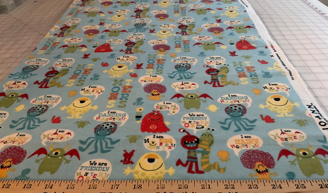 Flannel/little Monsters/nursery Print on Blue Background Cotton Fabric ...