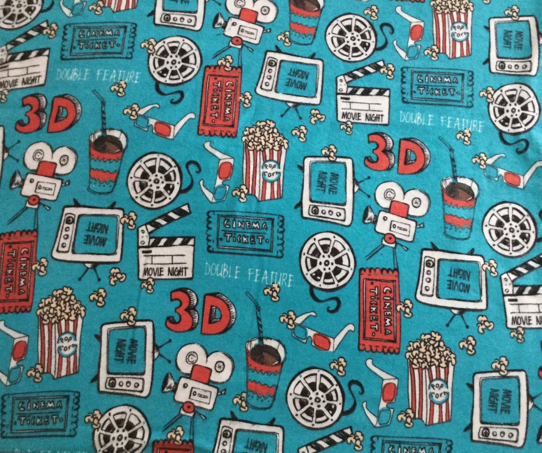 3 Yards/flannel/movie Night Theme on Turquoise Background Cotton Fabric ...