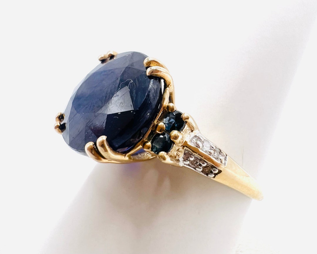 Vintage 10k Solid Yellow Gold Blue Sapphire & Diamond Cocktail Ring ...