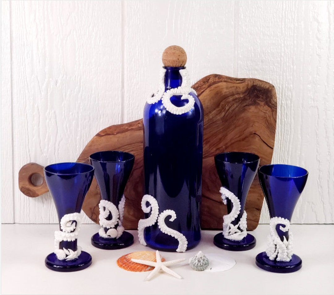 Ghost Octopus 4 Pc Glass Set With Decanter | Royal Blue 4 Pc Glass Set ...