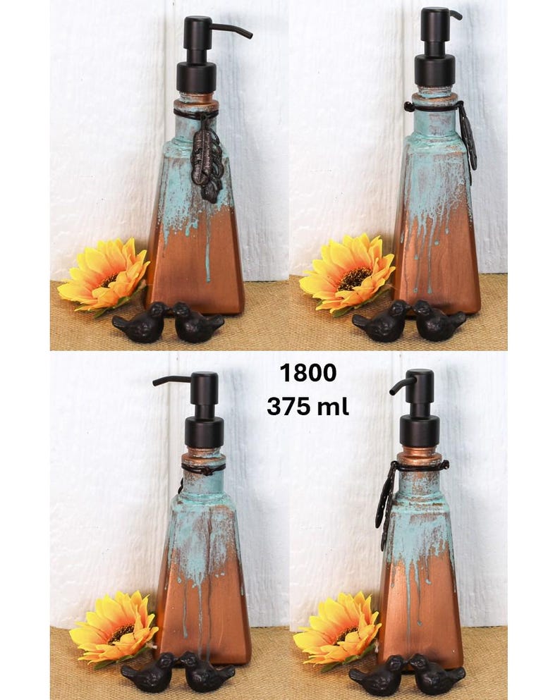 Copper Patina Upcycled Bottle Soap Dispenser | Bronze Feather Accent - Etsy