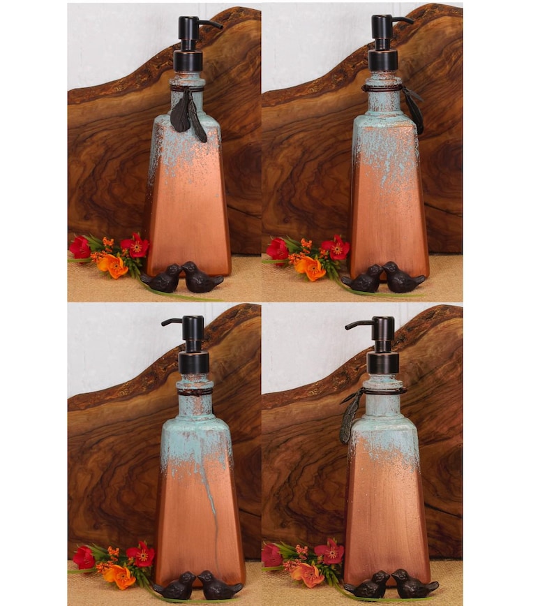 Copper Patina Upcycled Bottle Soap Dispenser | Bronze Feather Accent - Etsy