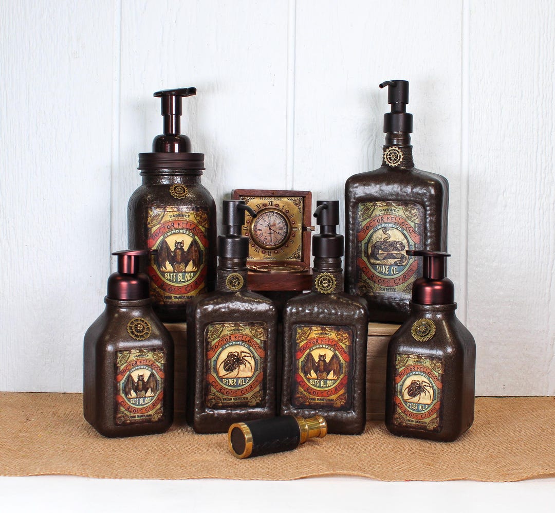 Bats Blood Soap Dispenser | Upcycled Disaronno Bottle, Steampunk Decor ...