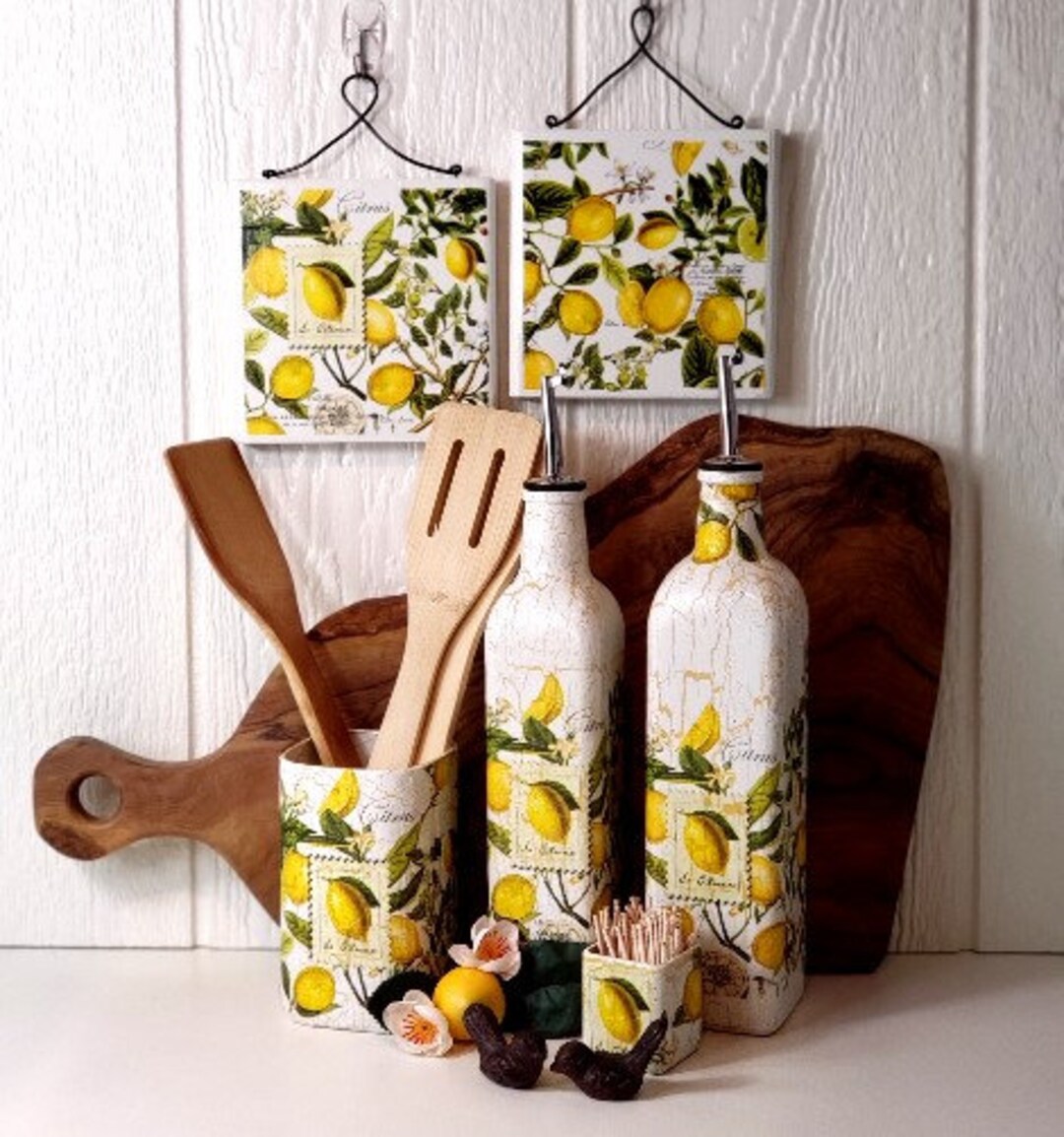 Lemon Botanical Up-cycled Bottle Kitchen Accessory 24 Oz Oil or Vinegar ...