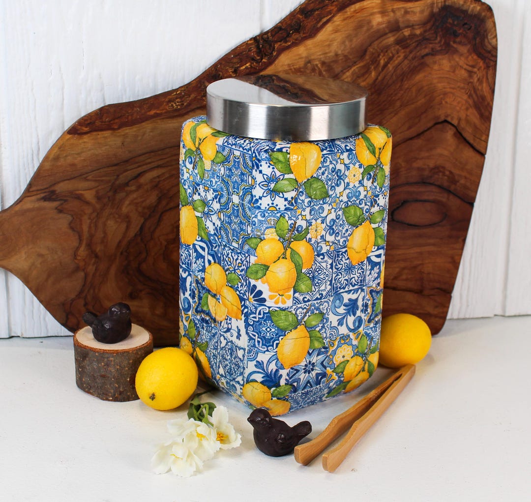 Moroccan Blue and White Patchwork Tiles With Yellow Lemons Up-cycled ...
