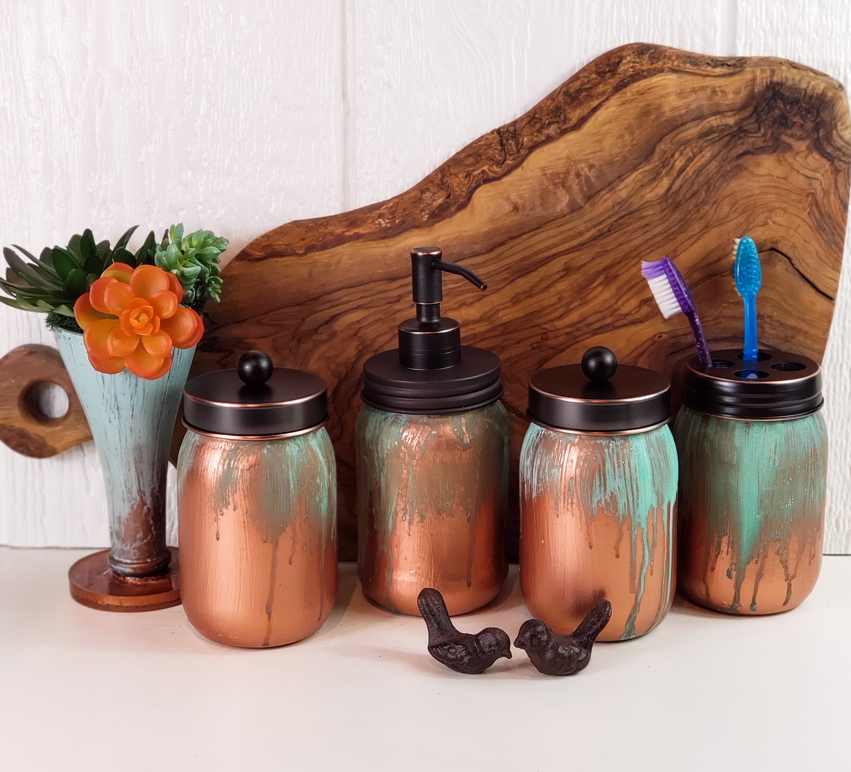 Copper Patina Up cycled Jar Bathroom Set Bathroom Accessary House Warming Gift Etsy