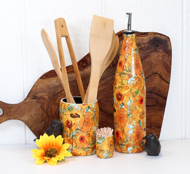 Handmade Sunflower Kitchen Set | Van Gogh Style, Reclaimed Bottles - Etsy