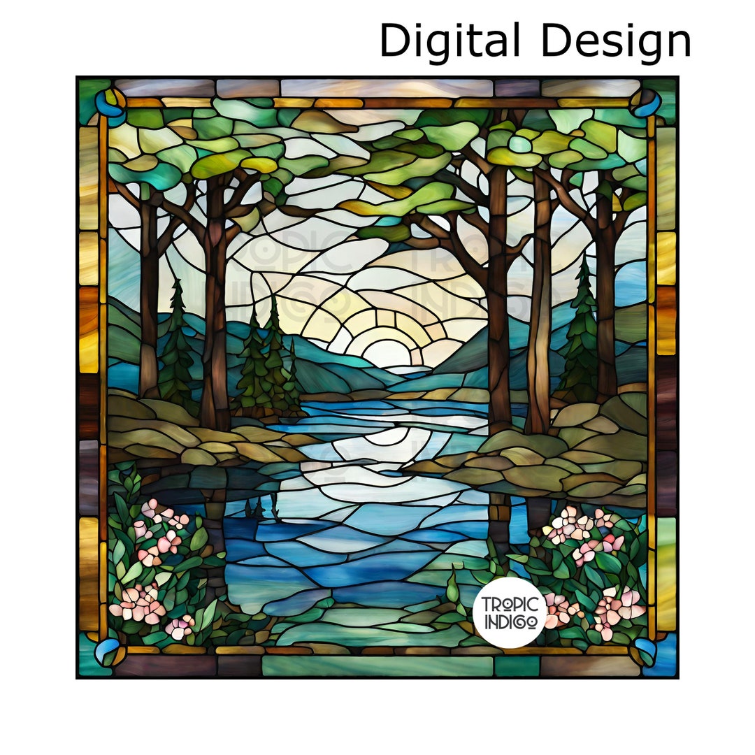 Stained Glass Forest Lake Landscape Scene, 12inch Digital Image File ...