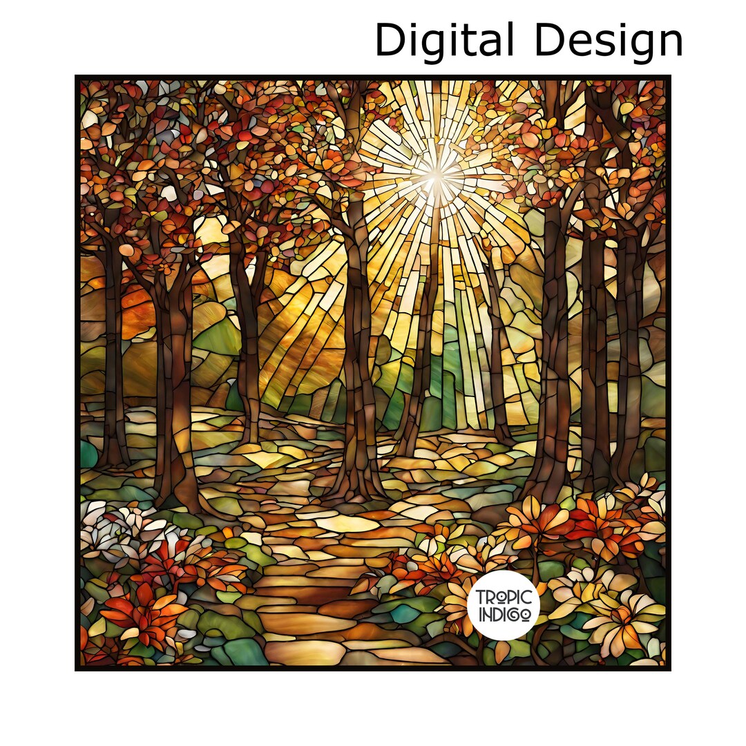 Stained Glass Sunlight Through Trees, Forest Landscape Scene, 12inch ...