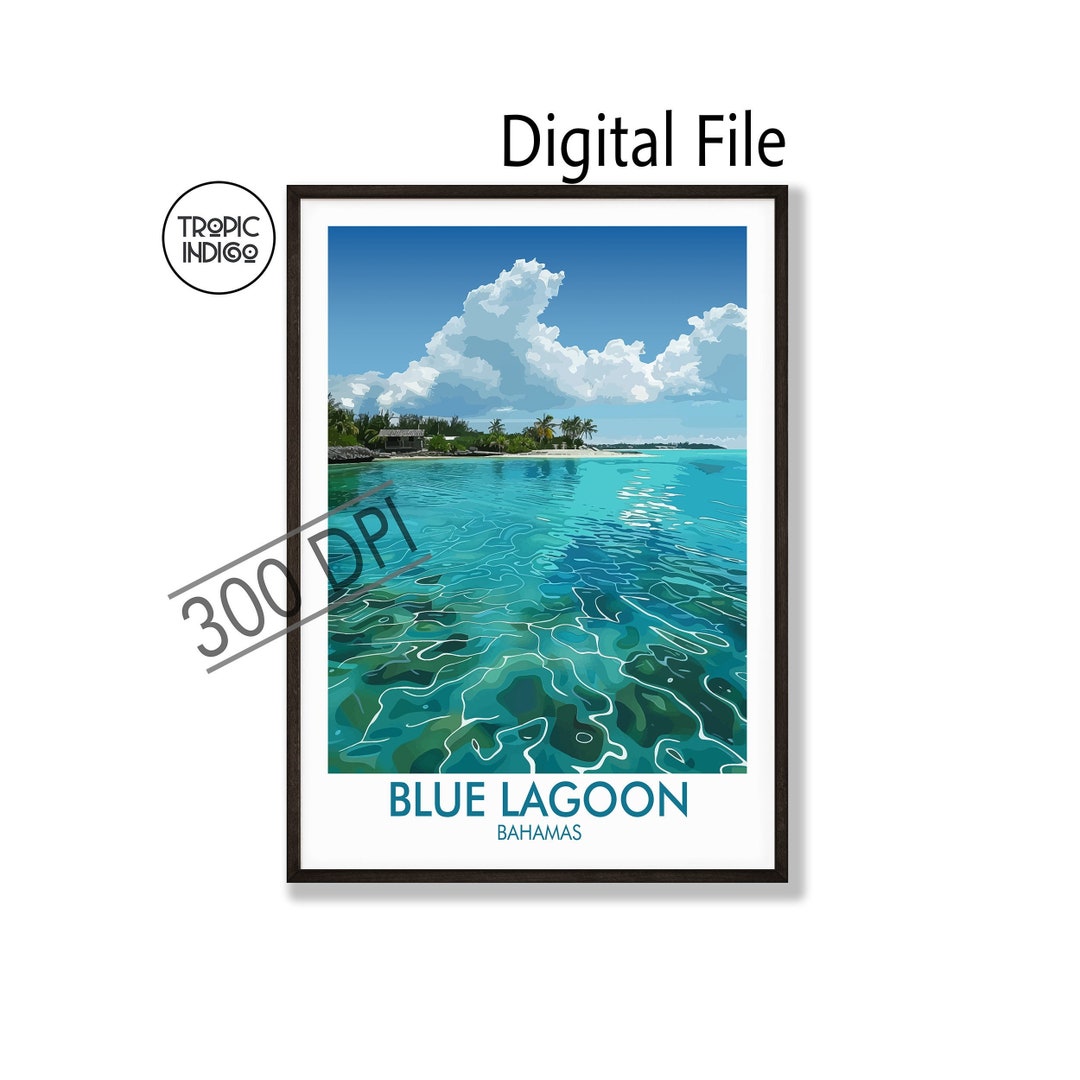 Blue Lagoon Bahamas Travel Poster, Tropical Waterfall , Digital ...