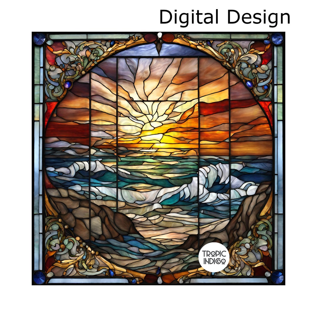 Stained Glass Ocean Sunset Digital File, Seascape Ocean Waves, Sunrise ...