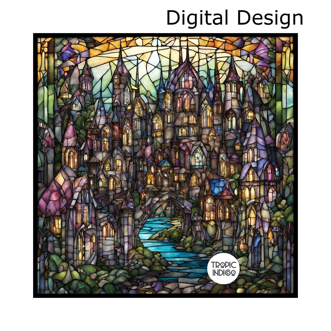 Stained Glass Fairy City Digital File, Fantasy Landscape, Castle ...
