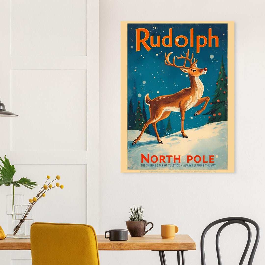 Rudolph Poster Red Nosed Reindeer Retro Christmas Print, Eco Friendly ...