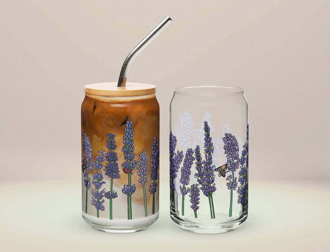 Purple Lavender Flower Sipper Glass Cup Lid Straw, Colorful Glassware ...