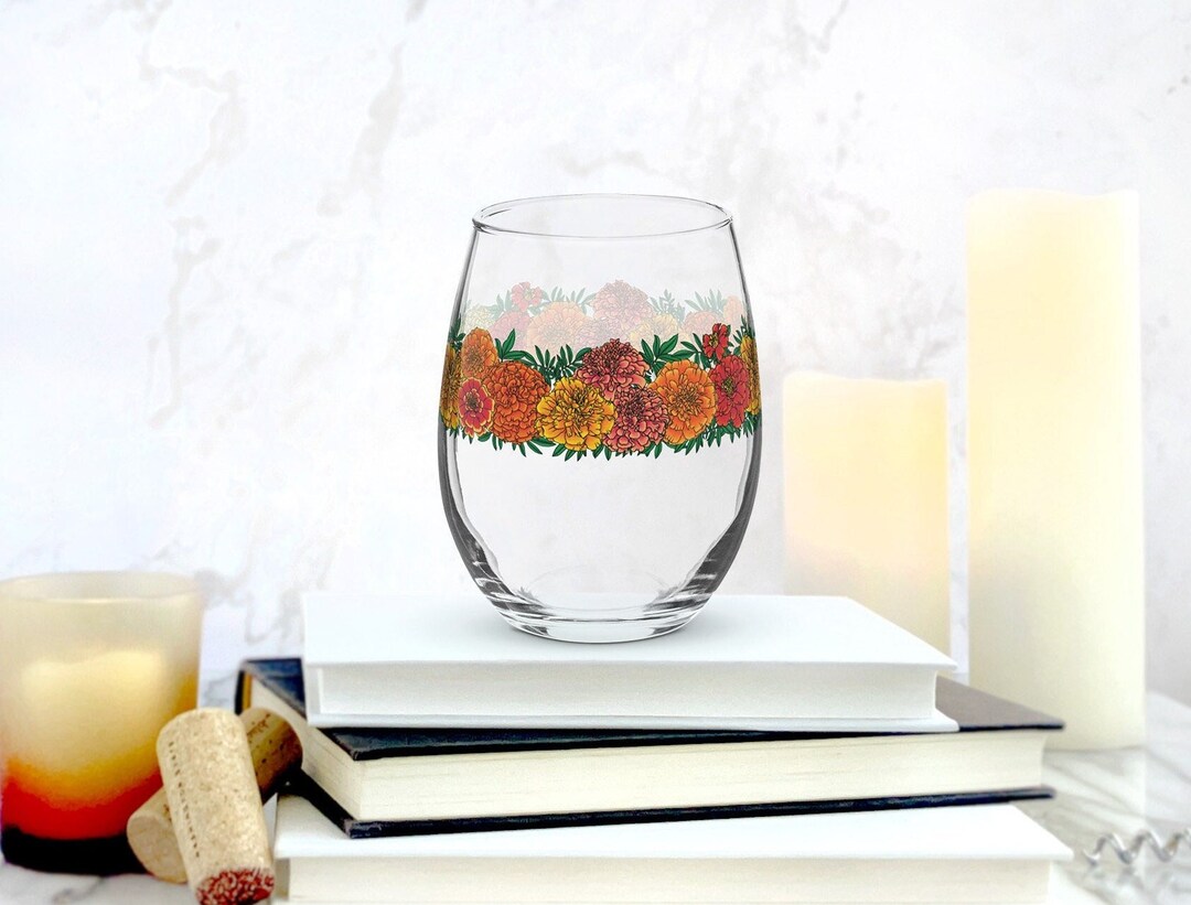 Marigold October Birth Flower Wine Glass Cup Floral Stemless Glassware ...