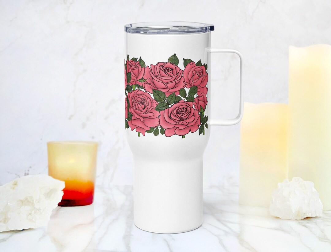 25oz Rose June Birth Flower Travel Mug Floral Large to Go Coffee Cup ...