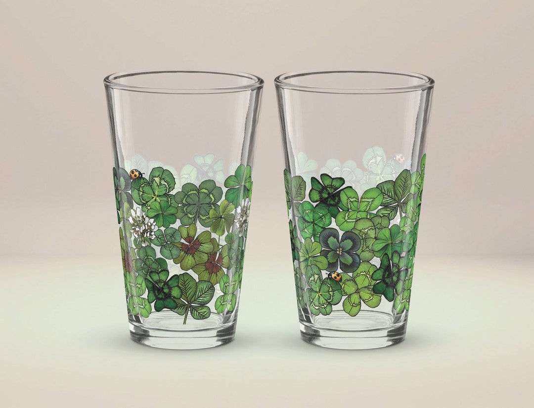 St. Patrick's Day Four Leaf Clover Pint Glass Set Cup Irish Shamrock ...