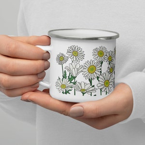 White Daisy April Birth Flower Enamel Mug Floral Coffee Camp Cup ...