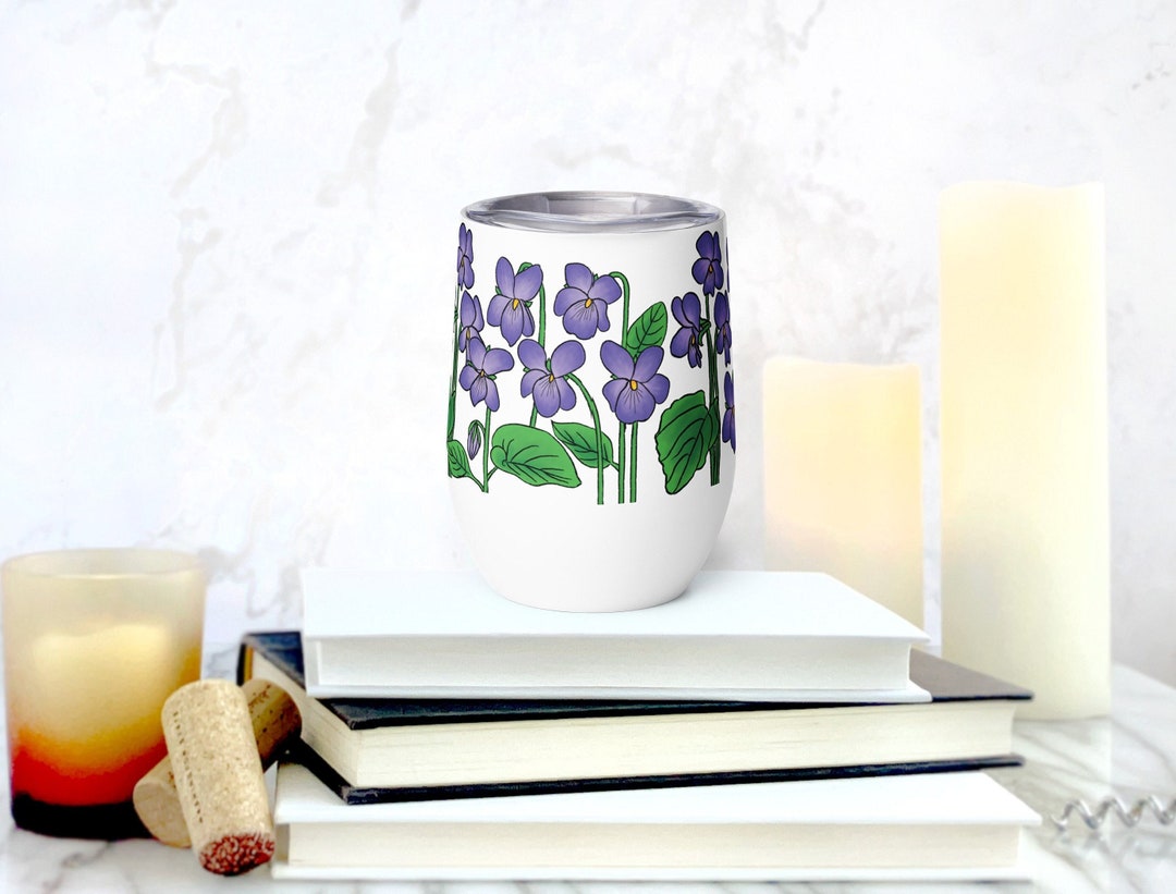 Purple Violet February Birth Flower Wine Glass Tumbler Cup Floral ...