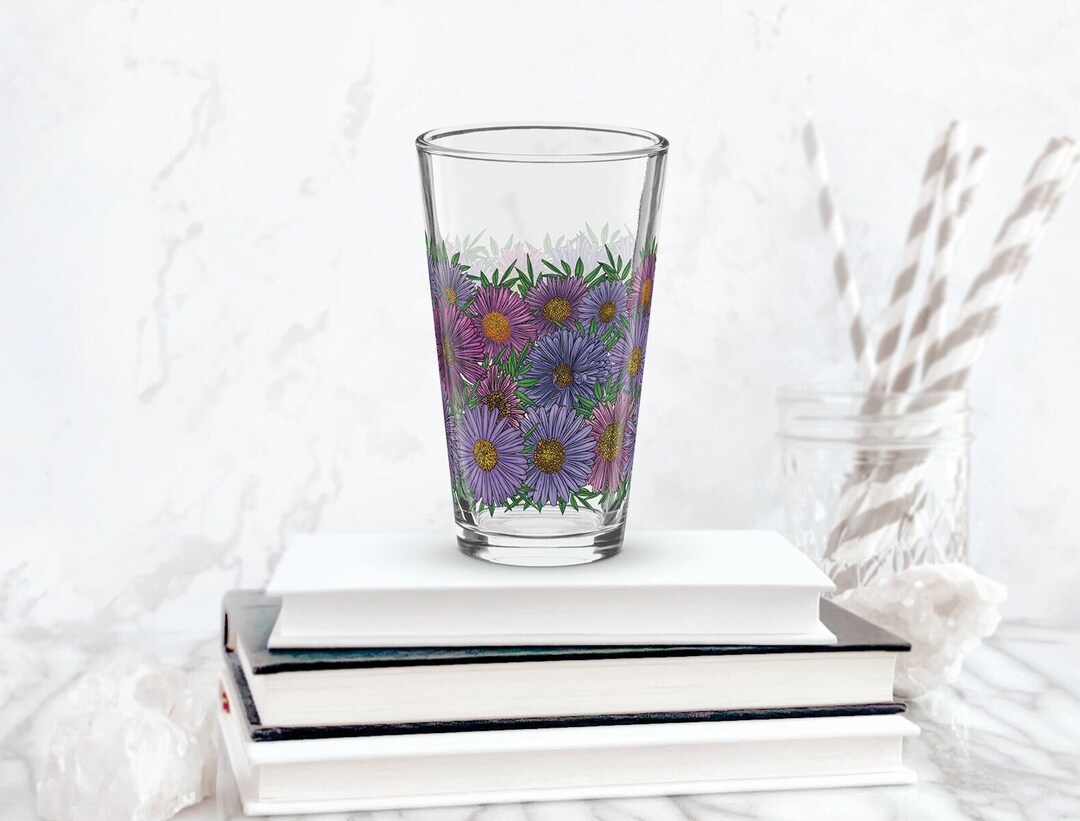 Aster September Birth Flower Pint Glass Cup Floral Glassware 21st ...