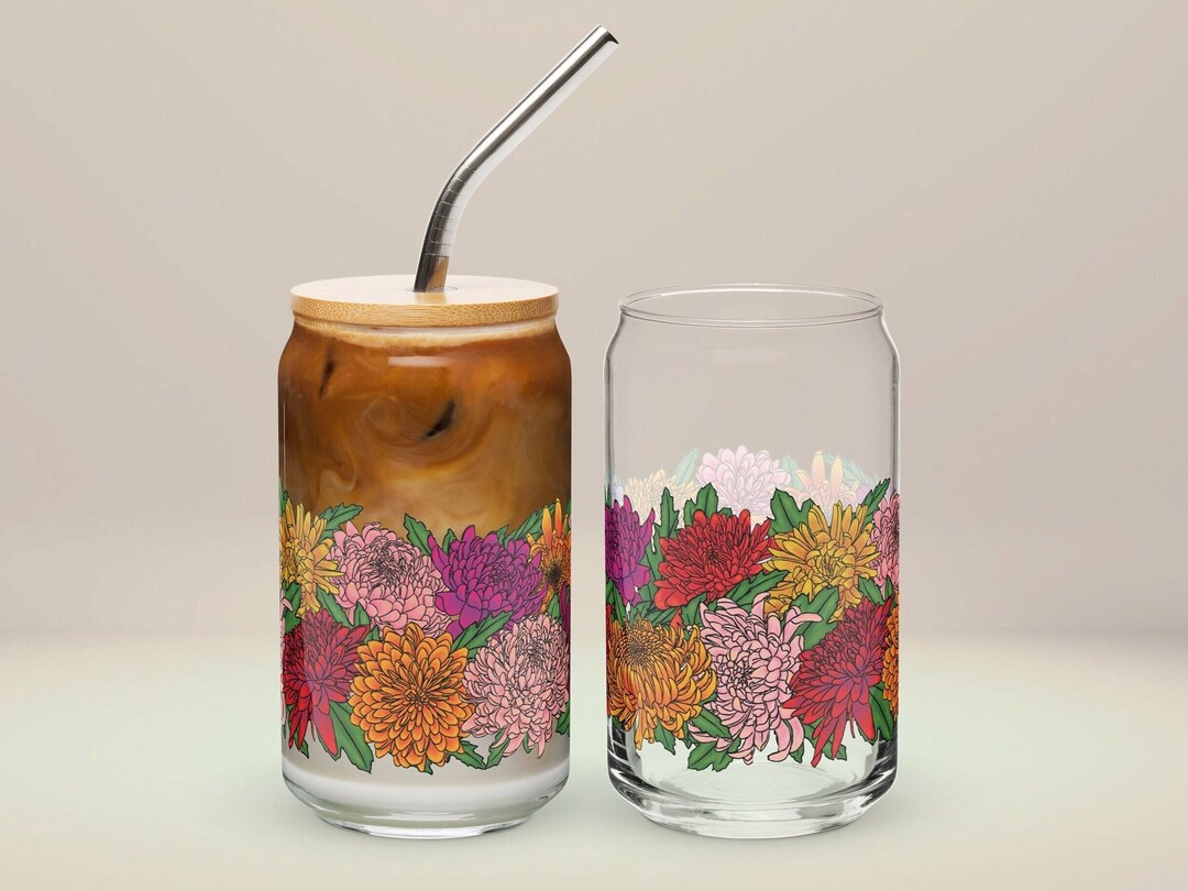 Chrysanthemum Mum November Birth Flower Sipper Glass Cup Lid Straw ...