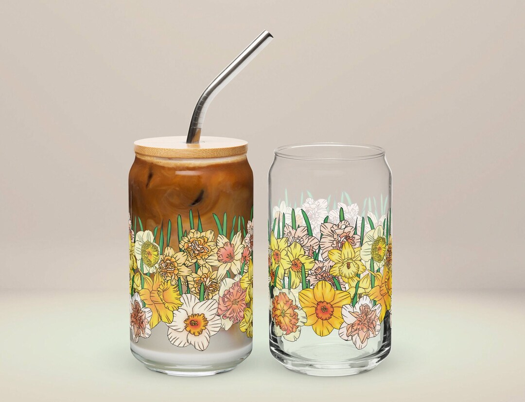 Daffodil March Birth Flower Sipper Glass Cup Lid Straw Colorful ...