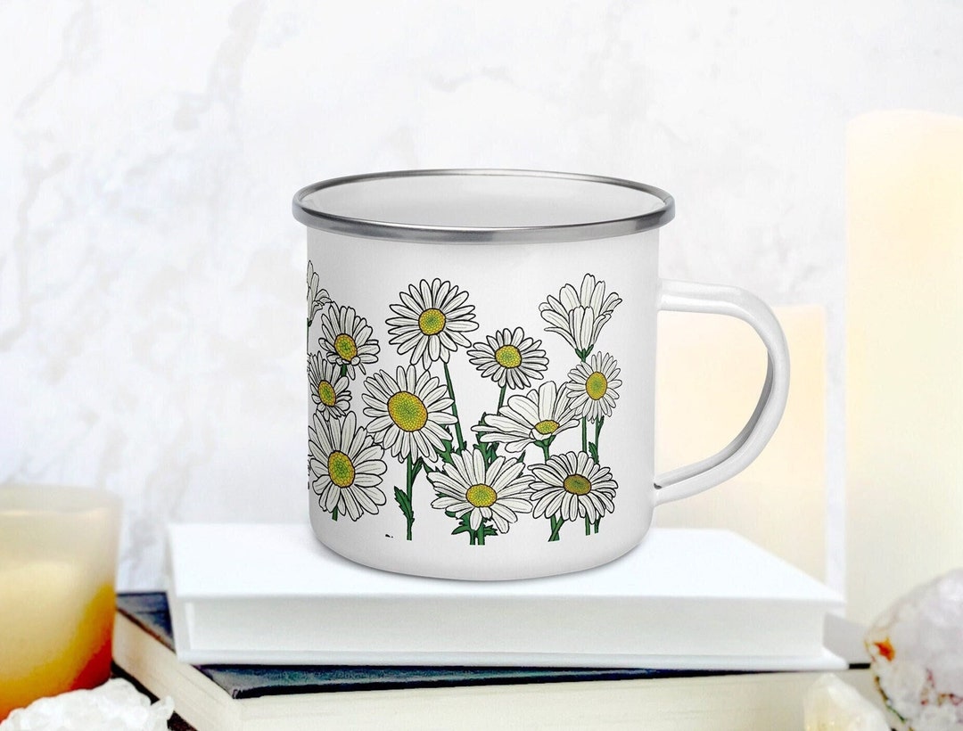 White Daisy April Birth Flower Enamel Mug Floral Coffee Camp Cup ...