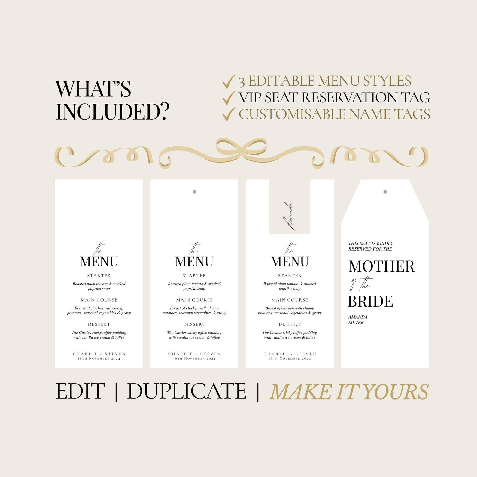 Wedding Menu/name/reservation Tags Bundle Formal Elegant Minimal ...