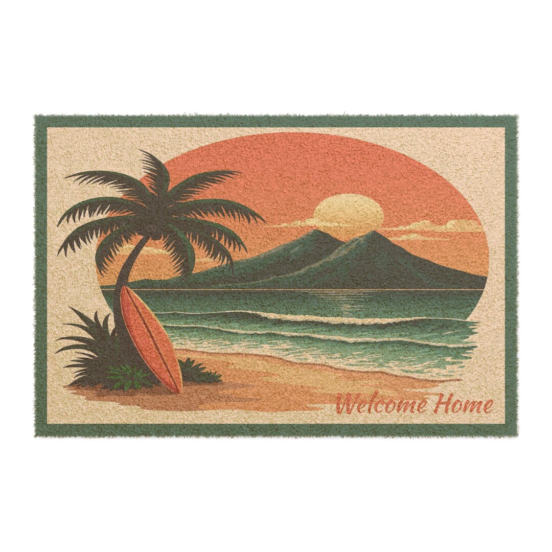 Doormat, Retro Hawaii Beach Surfboard, Tropical Welcome Mat, Vintage ...