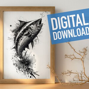 Big Eye Tuna India Ink Jumping on White / 5 Standard Sizes / Instant ...