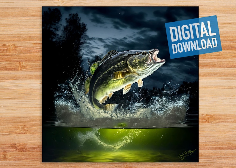 Bass Fishing Wall Art Printable, Night Fishing Decor, Fisherman Gift ...