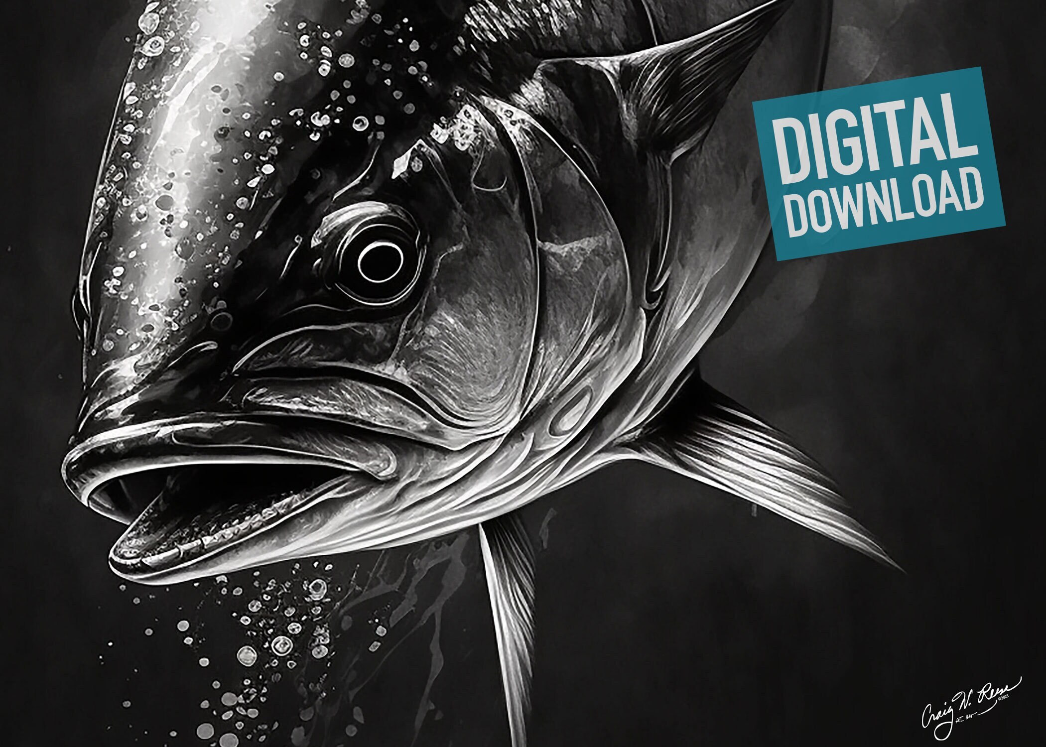 Tuna India Ink on Black / 5 Standard Sizes / Instant Download - Etsy