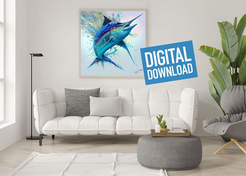 Blue Marlin Wall Art Printable, Ocean Sport Decor, Fisherman Gift ...