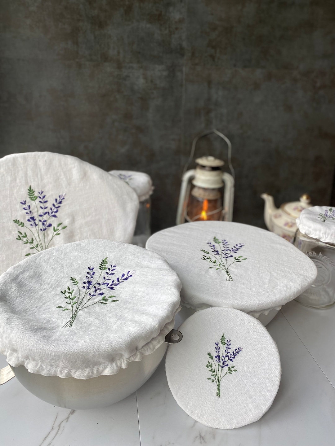 Linen Embroidered Bowl and Jar Covers, You Choose Lining Lavender ...