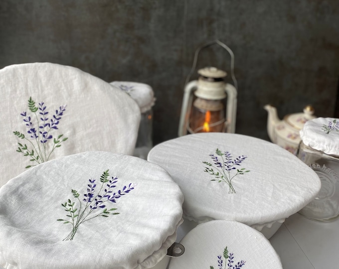 Linen Embroidered Bowl and Jar Covers, You Choose Lining Lavender ...