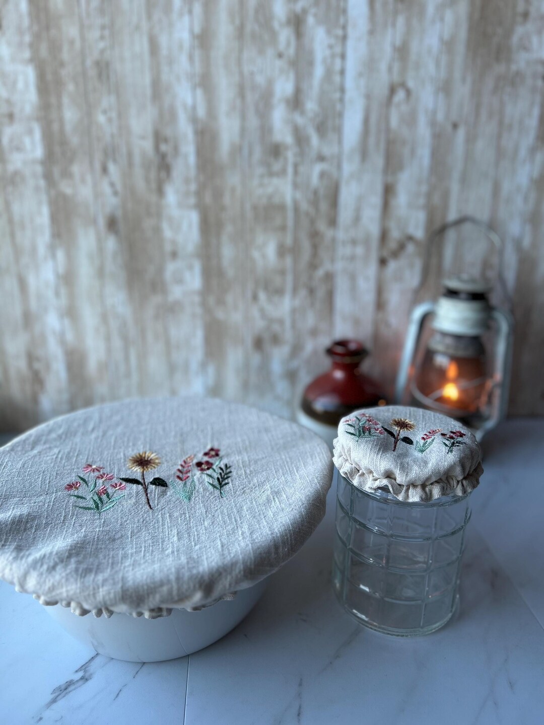 Linen Embroidered Bowl and Jar Covers,mauve Floral ,you Choose Lining ...