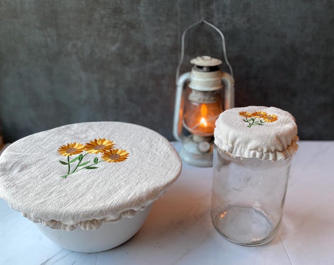 Linen Embroidered Jar and Bowl Cover Sunflowers on Linen Blend Ecru Set ...
