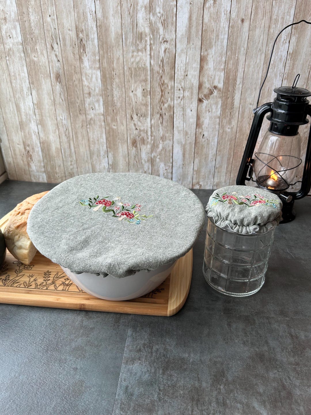 Linen Embroidered Jar and Bowl Cover Mushrooms and Wildflowers You ...