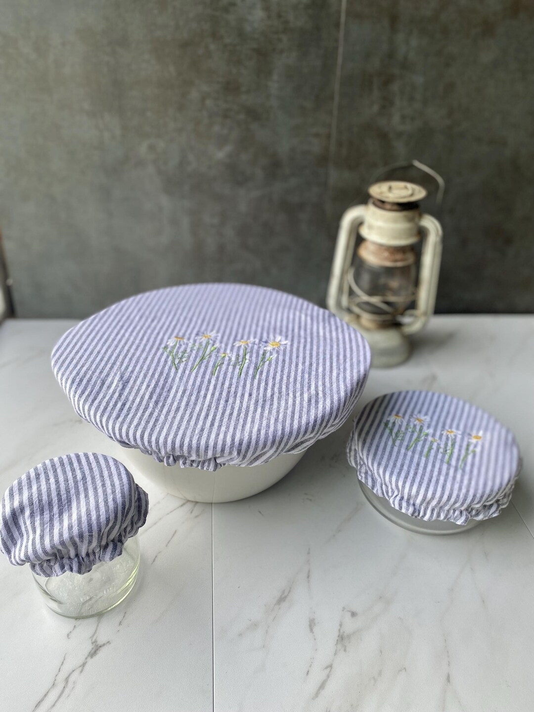 Linen Embroidered Jar and Bowl Cover , Daisies on Linen Steel Blue/gray ...