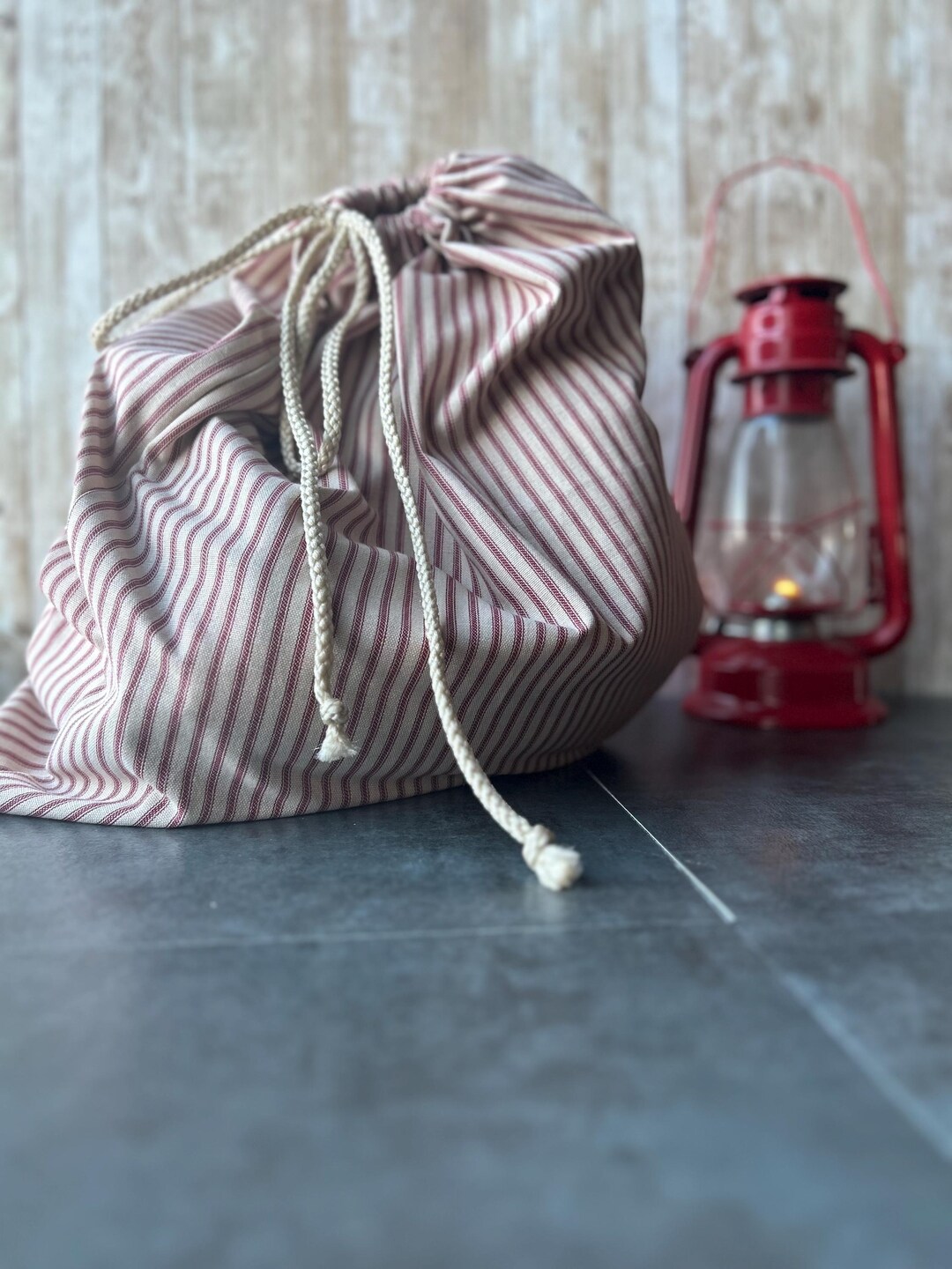 Striped Cotton Drawstring Gift Bag: Reusable Farmhouse Style Green, Red ...