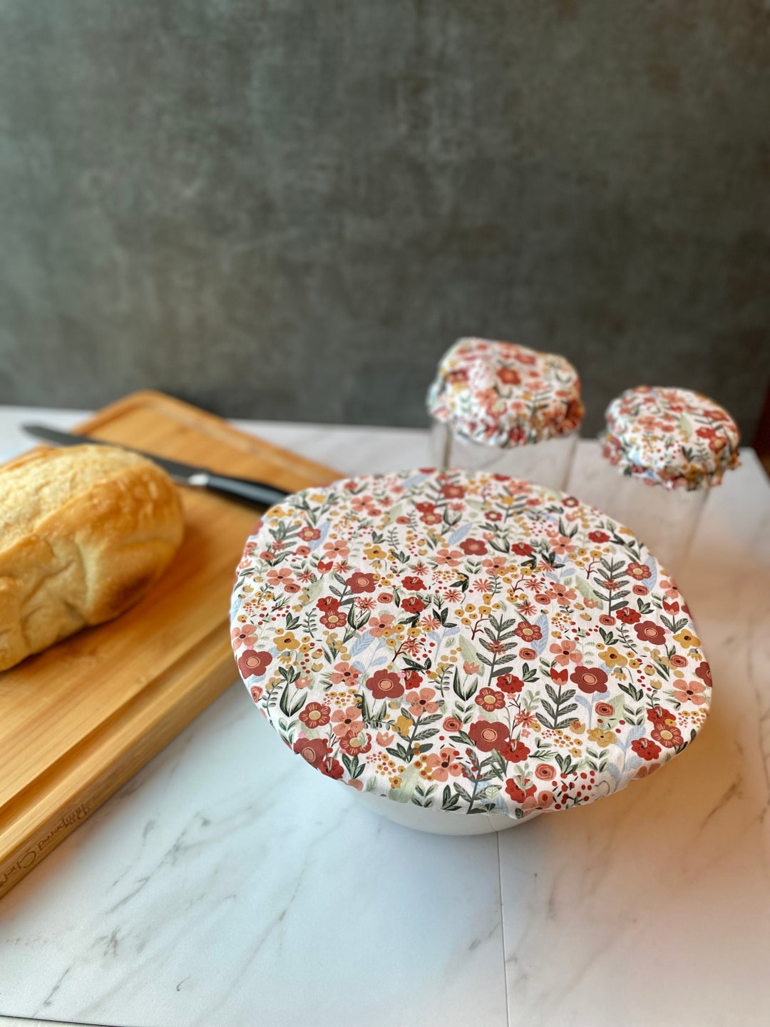 Mauve Floral Bowl Cover: Reusable Cloth Jar Lid for Sourdough and Food ...