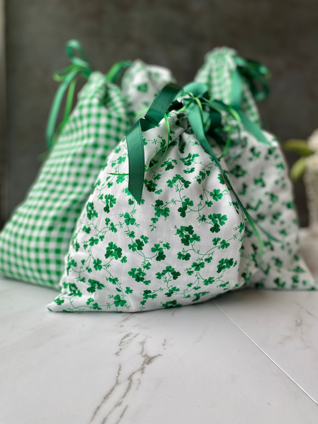 Gingham/clover Reusable Gift Bags Reversible Set of Five Bags - Etsy